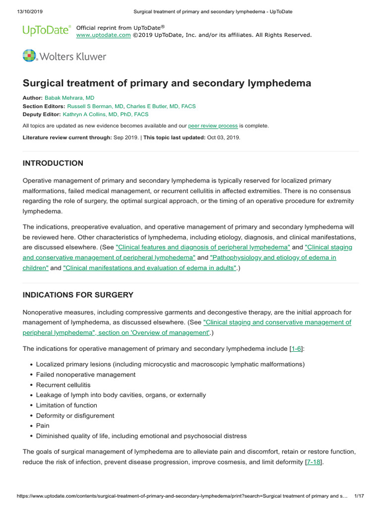 Surgical Treatment of Primary and Secondary LymphedemaUpToDate | PDF ...