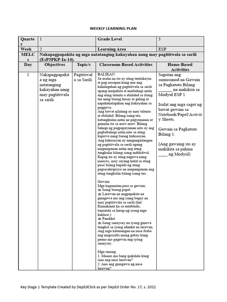 Key Stage 1 Template Created by Depedclick As Per Deped Order No. 17, S ...