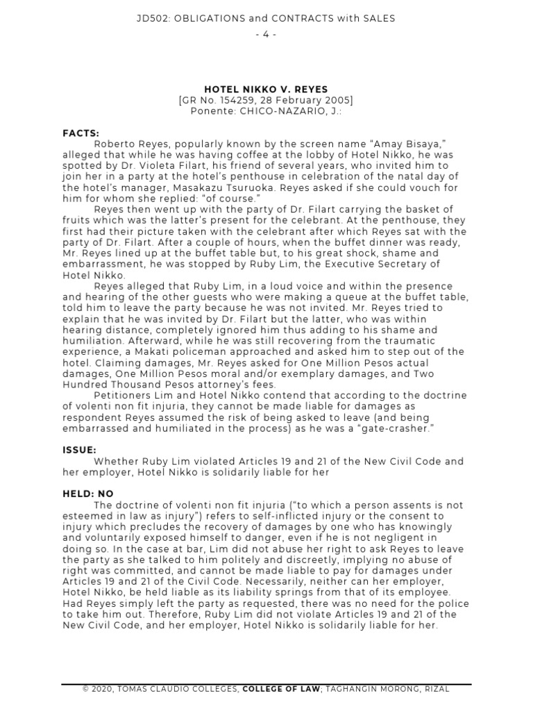 Sources of Obligations (Art. 1157) - Hotel Nikko v. Reyes, 452 SCRA 532 ...