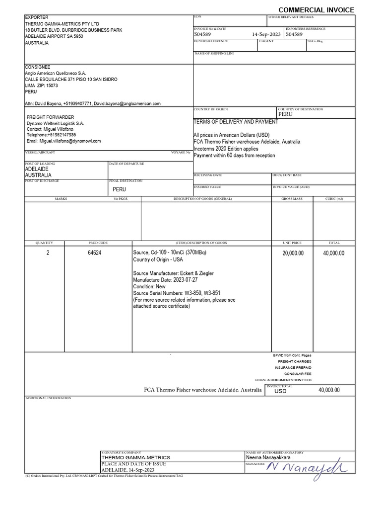 Commercial Invoice for Thermo Fisher Shipment | PDF | Business | Transport