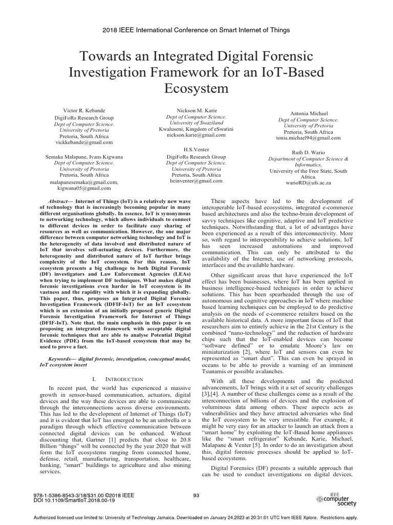Towards An Integrated Digital Forensic Investigation Framework For An IoT-Based Ecosystem | PDF