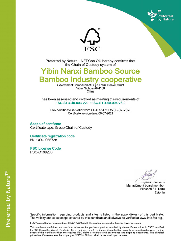 Yibin Nanxi FSC COC Certificate | PDF | Forest Stewardship Council