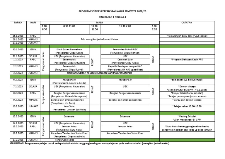 Jadual Aktiviti Selepas Peperiksaan Pdf