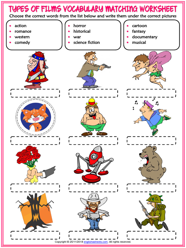 Types of Films Vocabulary Esl Matching Exercise Worksheet For Kids 1 | PDF