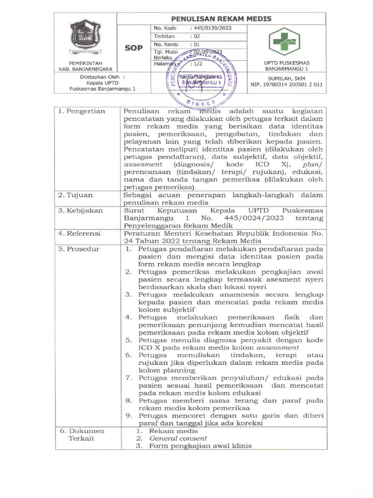 Sop Penulisan Rekam Medis | PDF