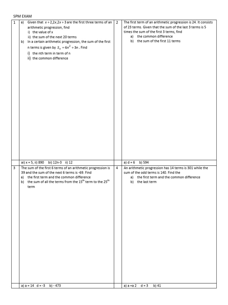 SPM Exam: Arithmetic Progression Problems | PDF