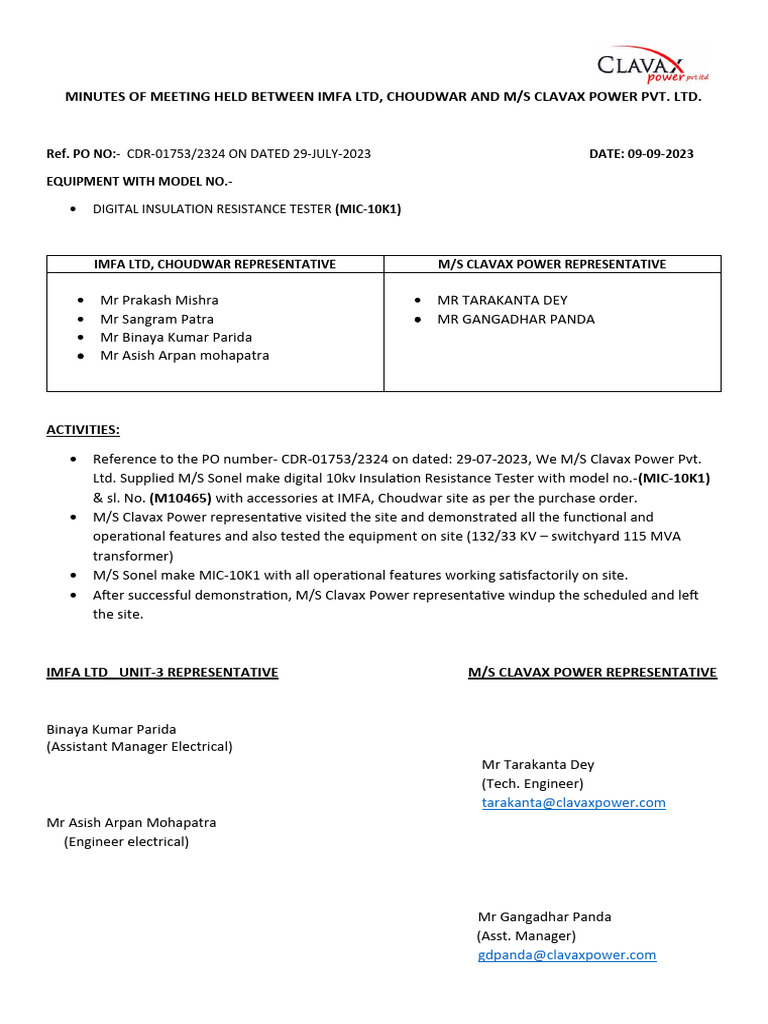 IMFA Choudwar Meeting with Clavax Power | PDF