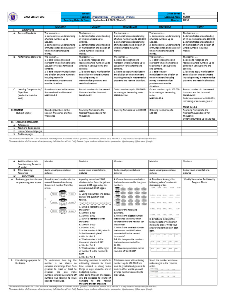 DLL - MATH 4 - Q1 - W2 - Rounds Numbers To The Nearest Thousand and Ten ...