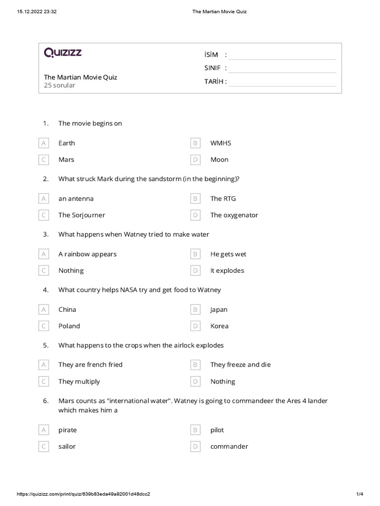 The Martian Movie Quiz Questions | PDF