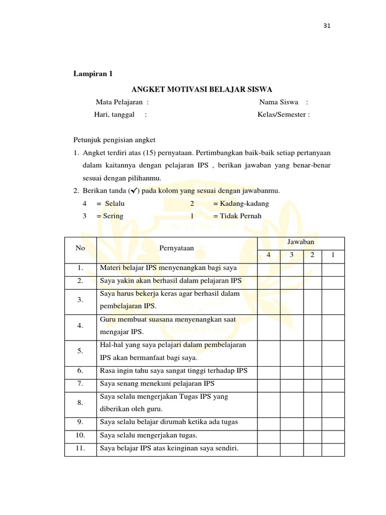Angket Motivasi Belajar Siswa | PDF