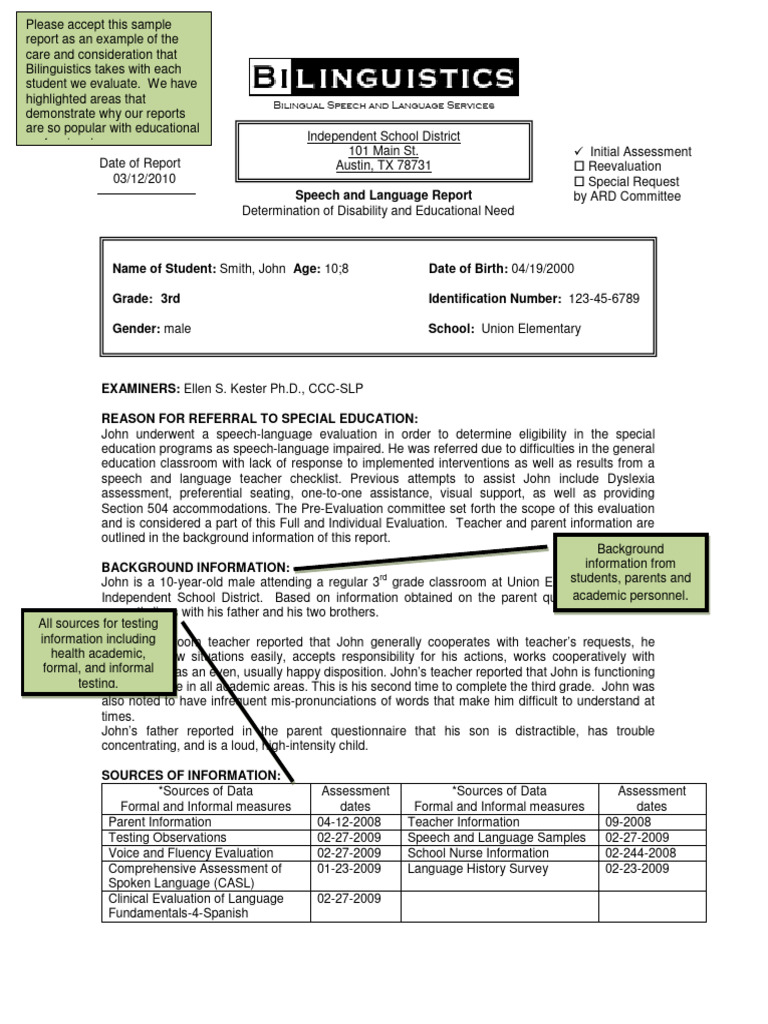 Sample Speech and Language Report Bilinguistics | PDF