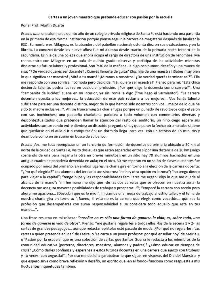 Cartas A Un Joven Maestro Que Pretende Educar Con Pasión Por La Escuela ...