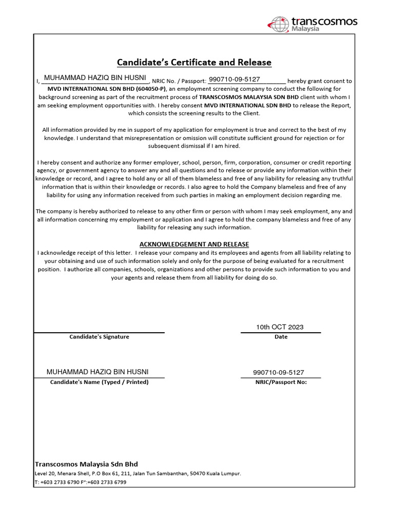 Candidate's Certificate and Release Consent Form | PDF
