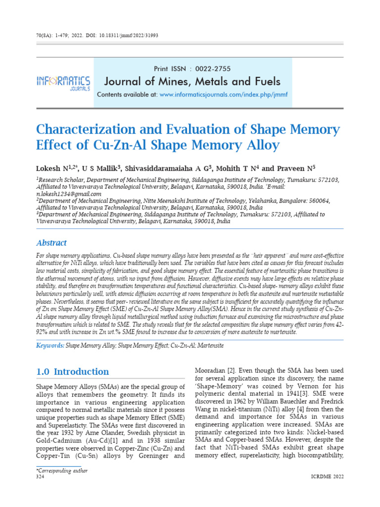 Characterization and Evaluation of Shape Memory Ef | PDF | Shape Memory Alloy | Materials