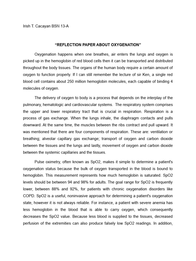 Oxygenation Reflection Paper | PDF | Respiratory System | Hemoglobin