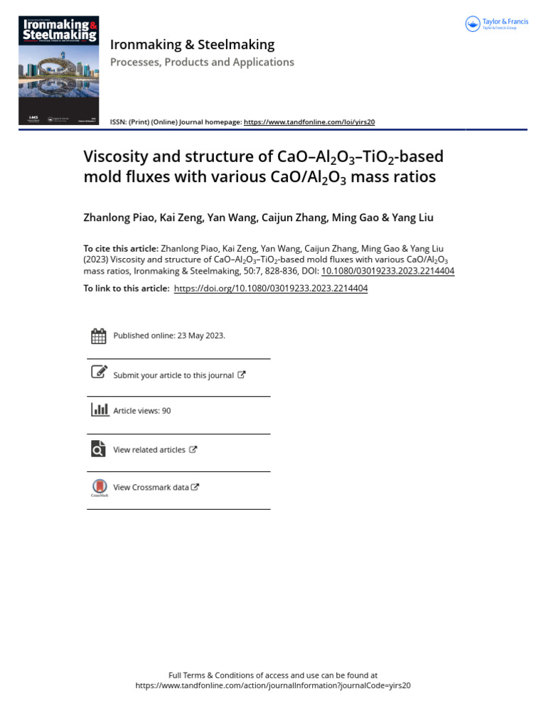 Viscosity and Structure of CaO Al2O3 TiO2-Based Mold Fluxes With ...