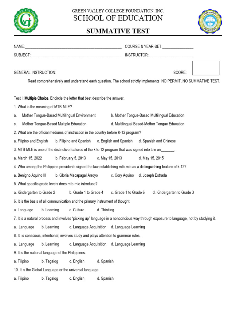 MTB-MLE Summative Test for Educators | PDF | Learning | Language ...