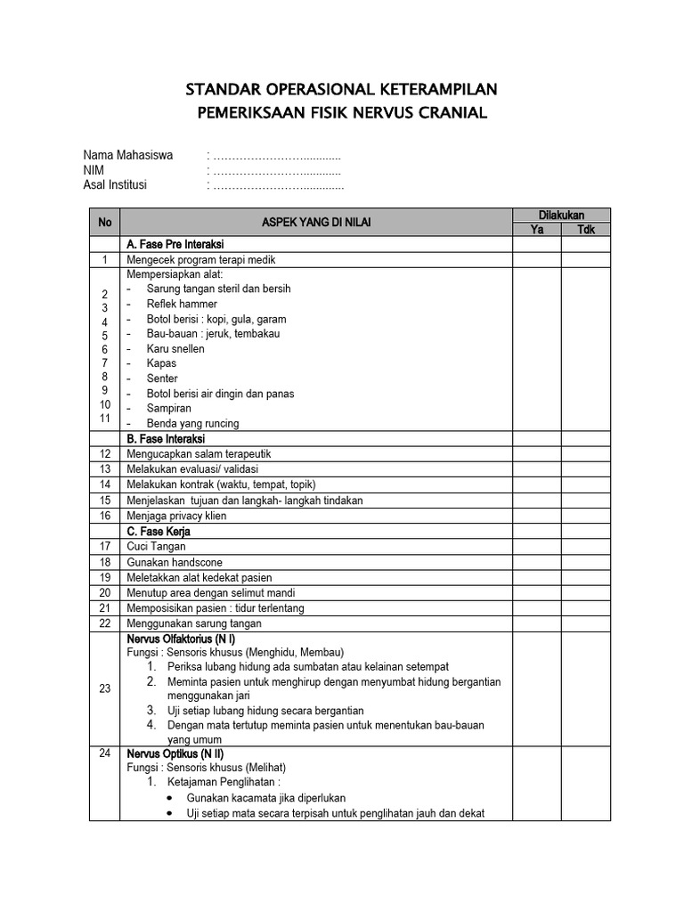 Sop Pemeriksaan 12 Syaraf Kranial | PDF