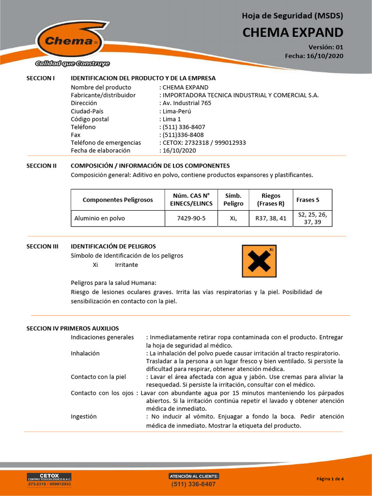 Hoja de Seguridad de Chema Expand | PDF | Agua | Residuos