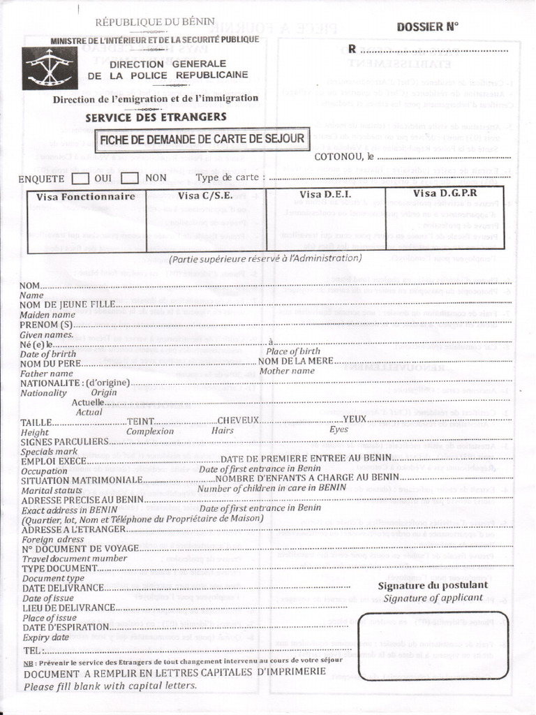 Fiche de Demande de Carte de Sejour | PDF