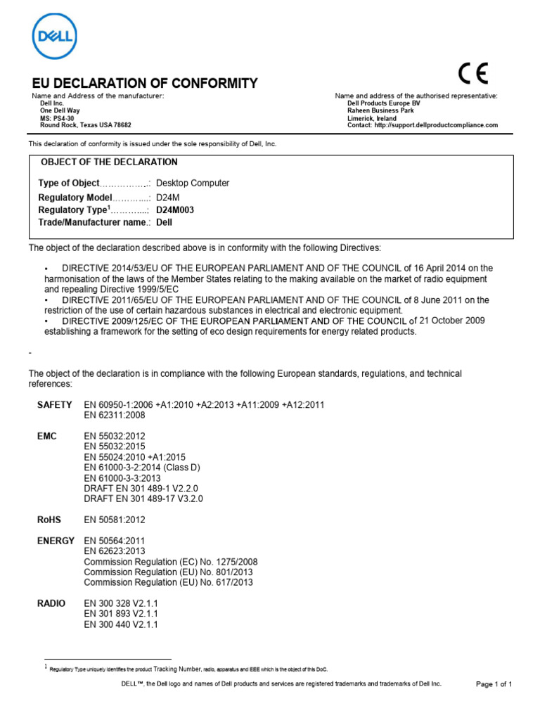 Dell Precision 3630 Tower d24m d24m003 European Union - Declaration of ...