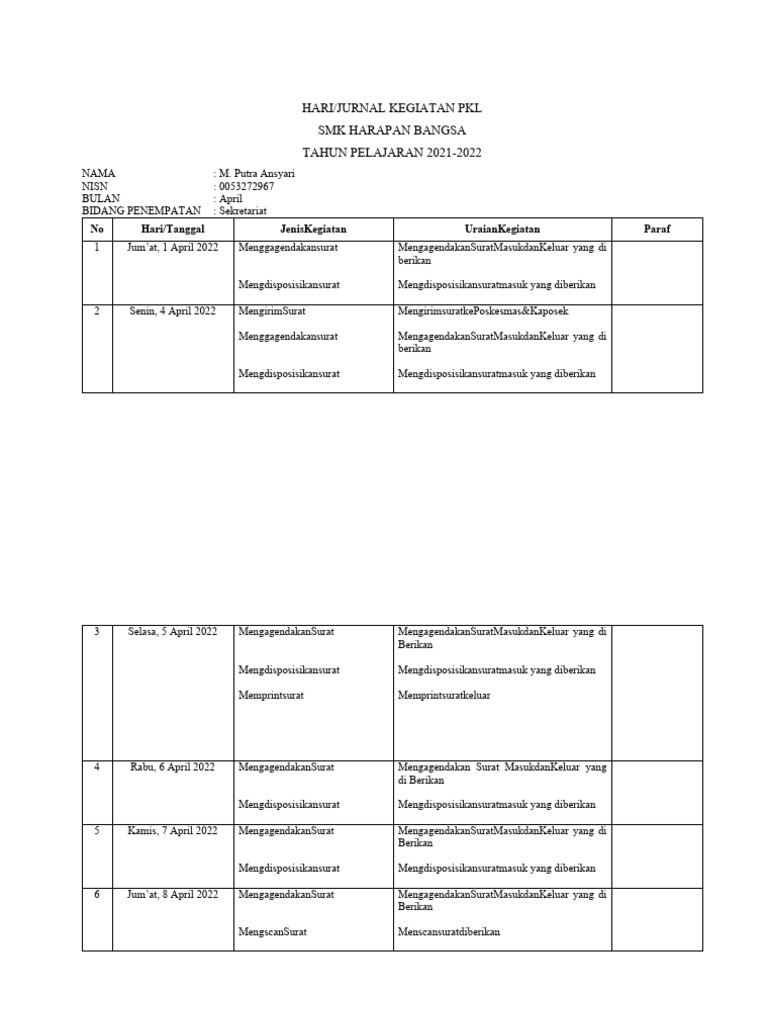 Contoh Jurnal PKL | PDF