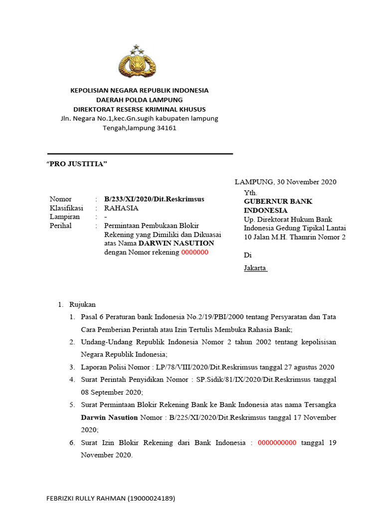 SURAT PERMINTAAN PEMBUKAAN BLOKIR REKENING KE BI DARWIN NASUTION | PDF