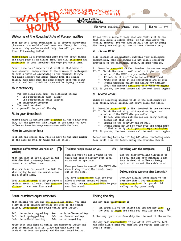 Wasted Hours: Paranormal Desk Duty Game | PDF