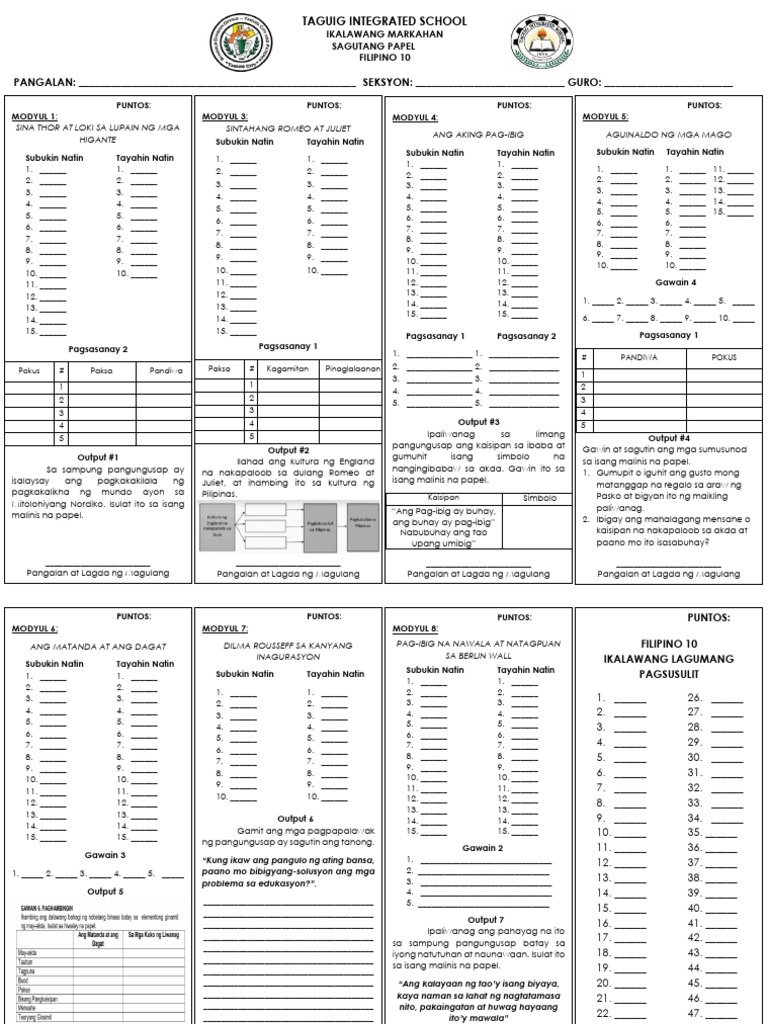 Answer Sheet Filipino 10 Final | PDF