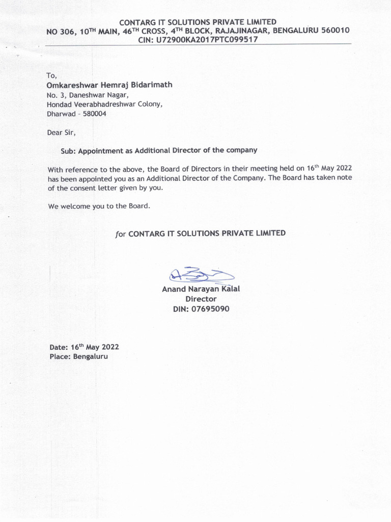 Appointment Letter - Omkareshwar H Bidarimath | PDF