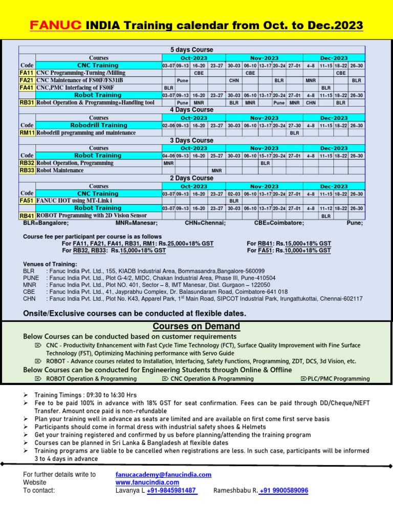 FANUC India Training Calendar Oct - To Dec.2023 | PDF