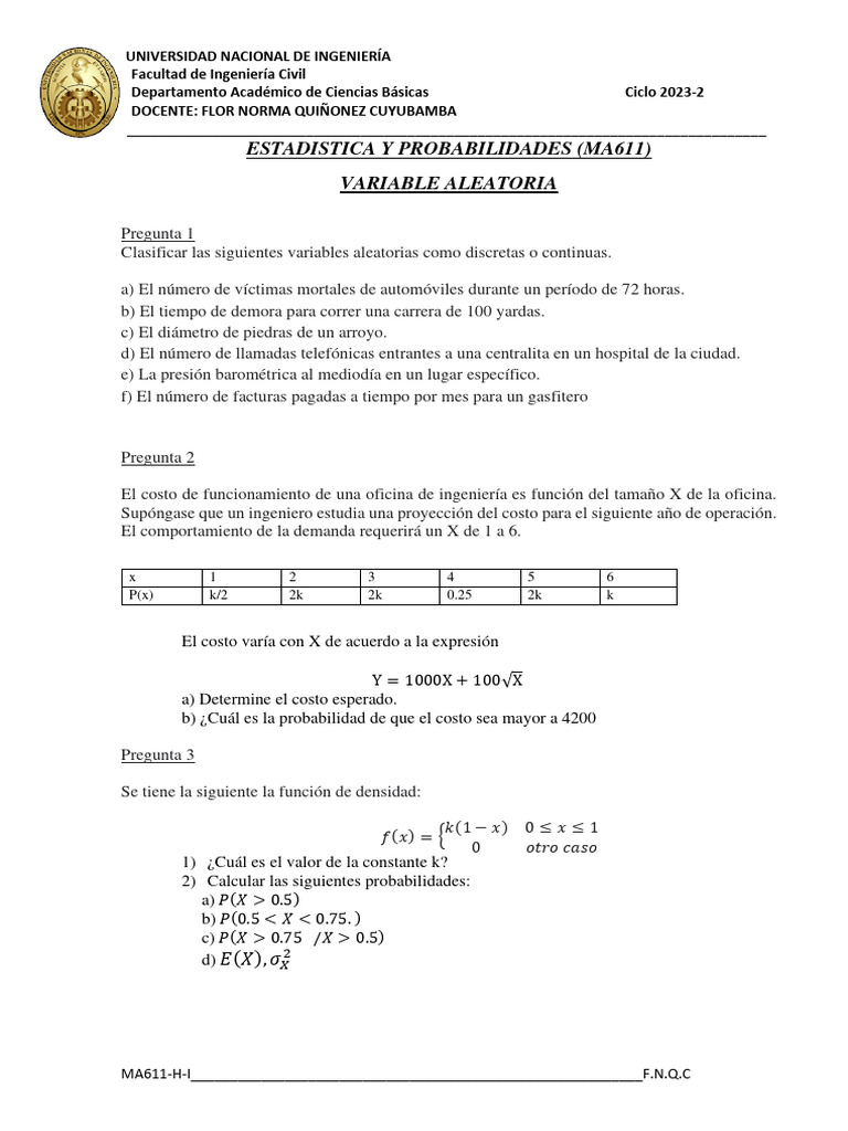Estadistica Y Probabilidades (Ma611) Variable Aleatoria | PDF | Función de densidad de ...