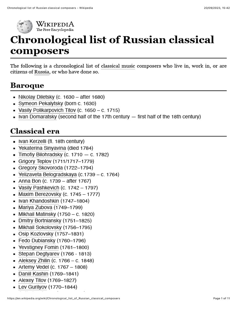Chronological List of Russian Classical Composers - Wikipedia | PDF