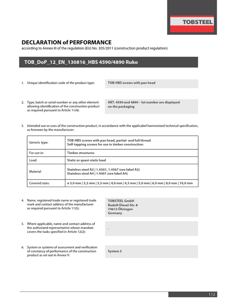 TOB DoP 12 EN 130816 HBS-4590-4890-Ruko | PDF