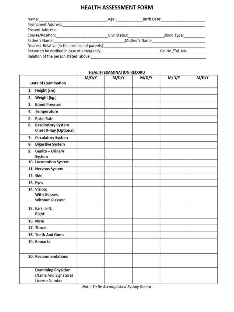 Health Assesment Form | PDF