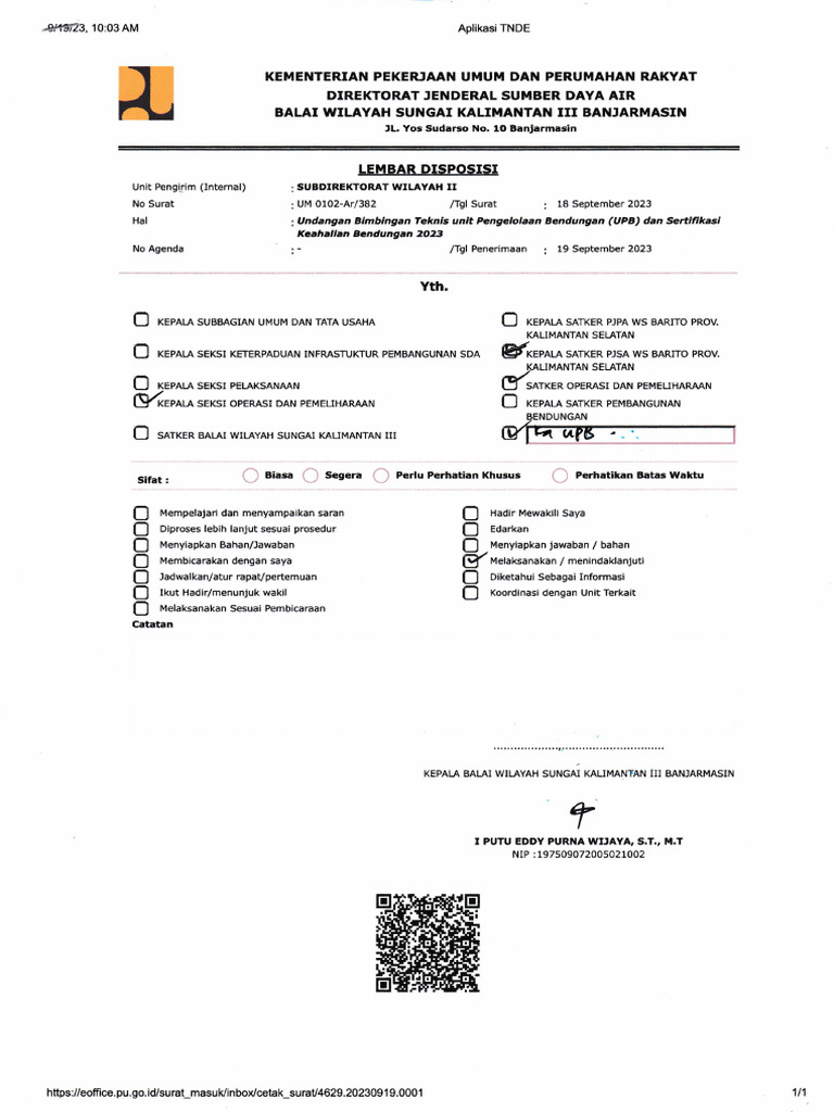 Disp. Undangan Bimbingan Teknis Unit Pengelolaan Bendungan (UPB) Dan Sertifikasi Keahalian ...