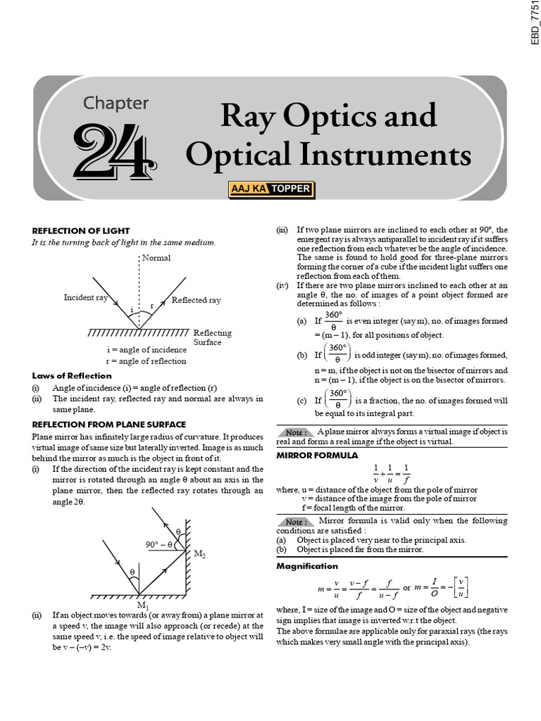 Chapter - 24 Ray Optics and Optical Instruments | PDF | Mirror | Optics