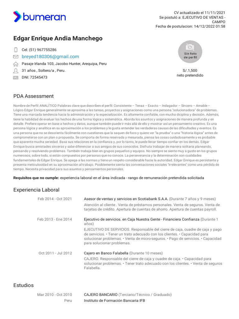 EJECUTIVO DE VENTAS CAMPO CV Edgar Enrique Andia Manchego | PDF | Bancos