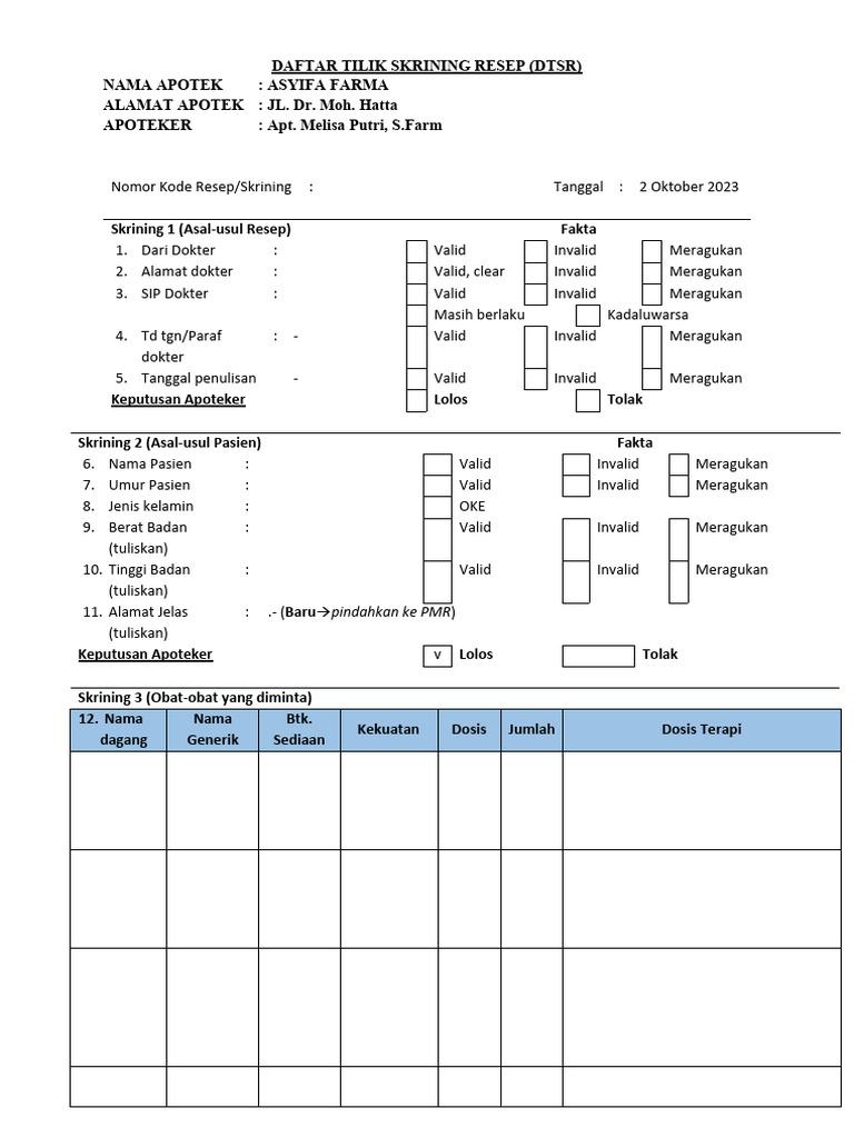 Daftar Tilik Skrining Resep Pak Salman | PDF