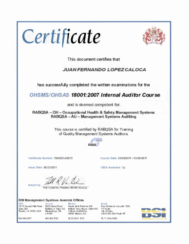 Certificado Oshas | PDF