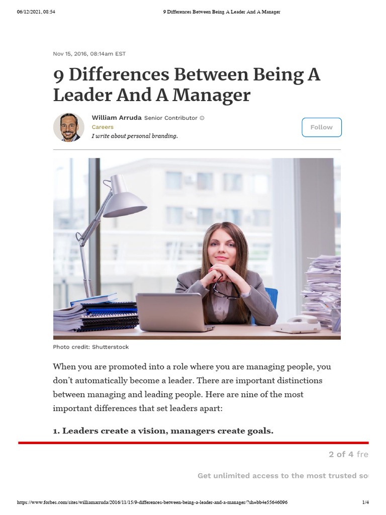 9 Differences Between Being A Leader and A Manager | PDF | Leadership ...