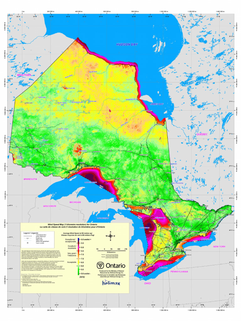 Ontario Average Wind Speed Map 80m Above Ground Level PDF