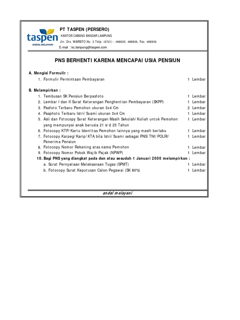 Pns Berhenti Karena Mencapai Usia Pensiun: PT Taspen (Persero) | PDF