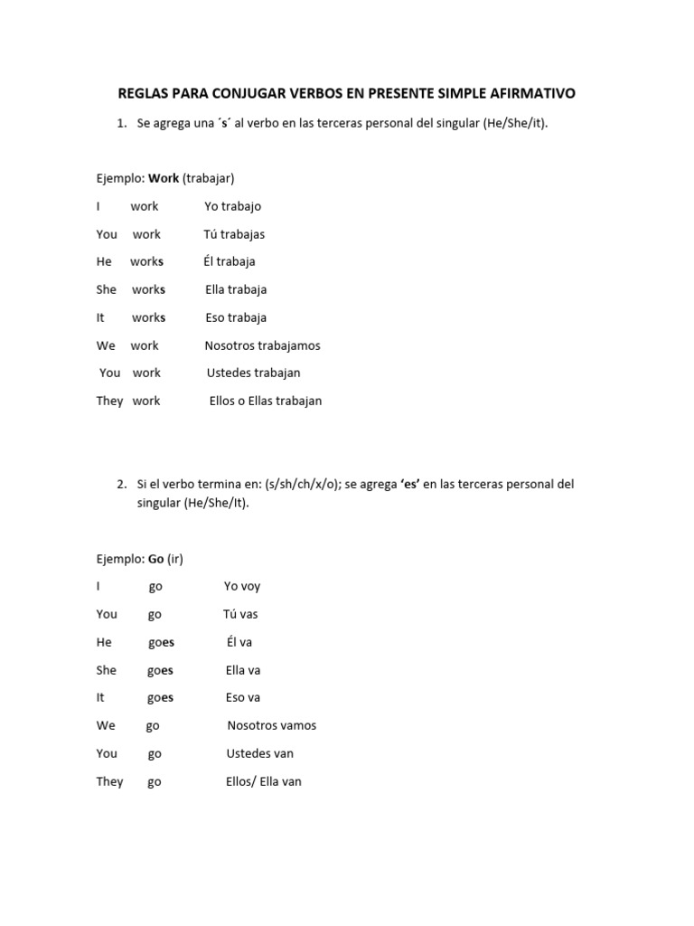 Reglas para Conjugar Verbos en Presente Simple Afirmativ1 | PDF | Artes ...
