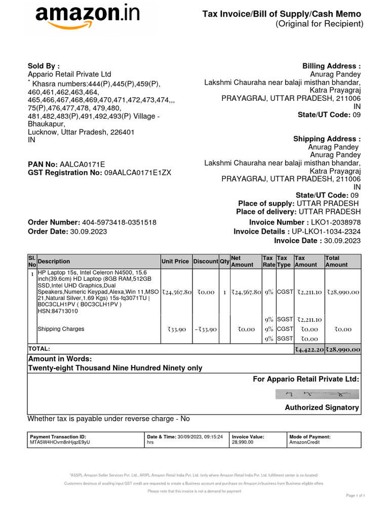 Amazon GST Invoice for HP Laptop | PDF