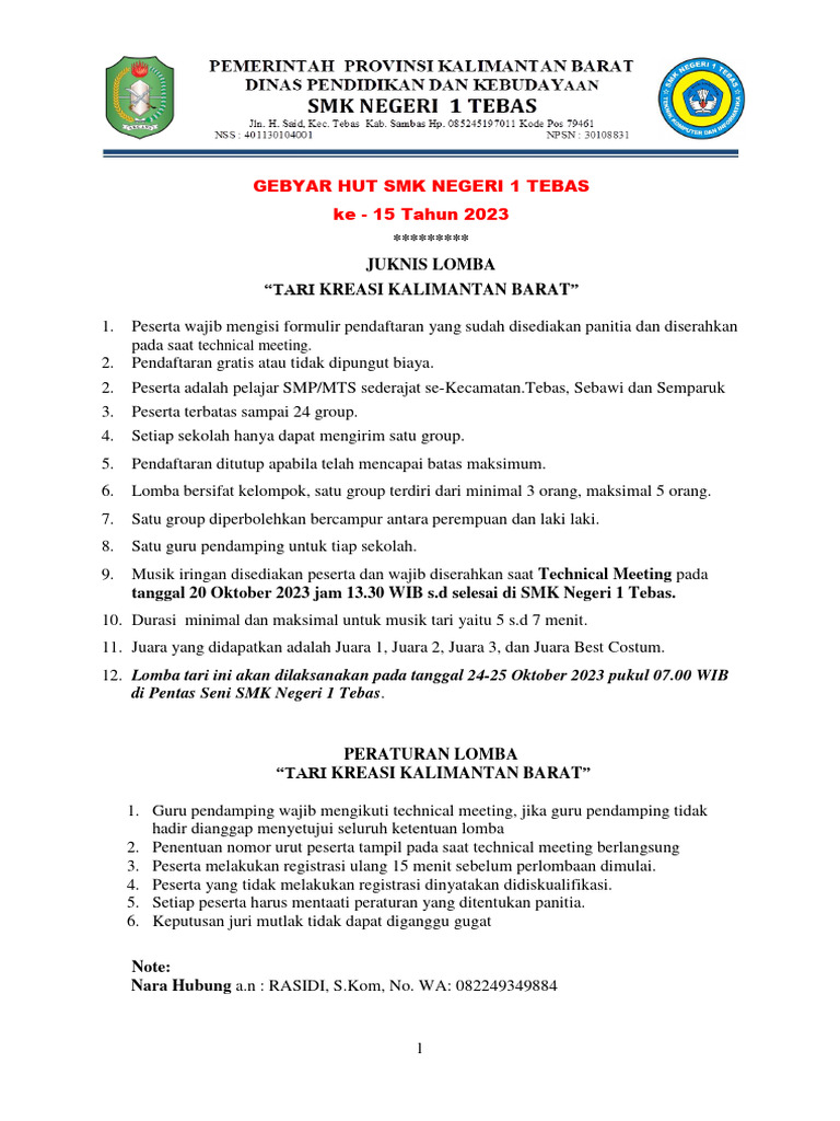 Juknis Lomba Tari Kreasi Kalbar-Gebyar Hut SMK Negeri 1 Tebas 2023 | PDF