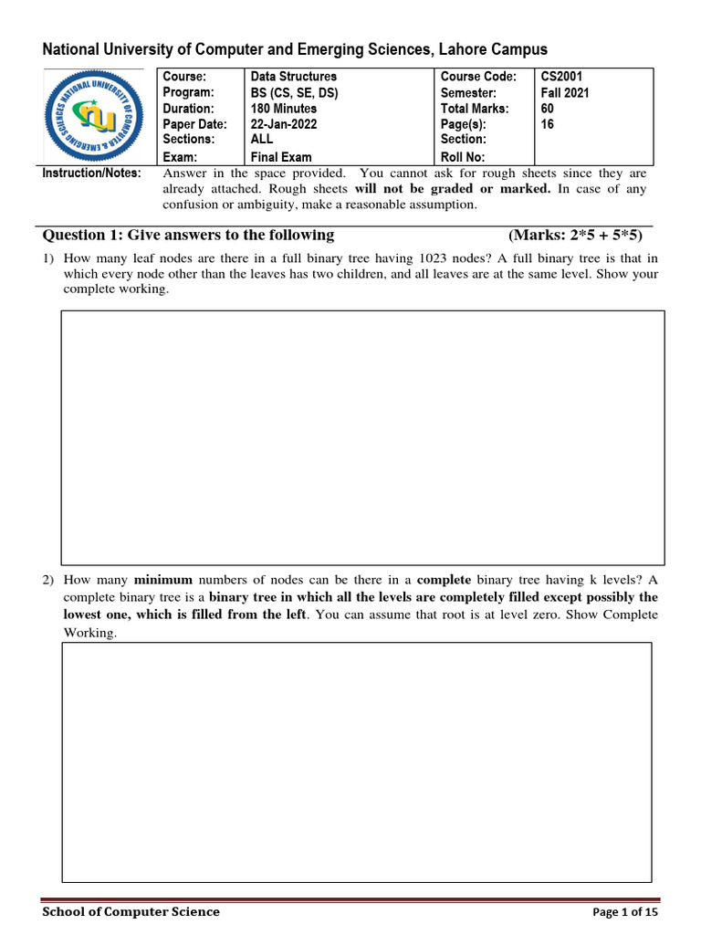 Data Structures (CS2001) Final Fall 2021 V1.2 | PDF
