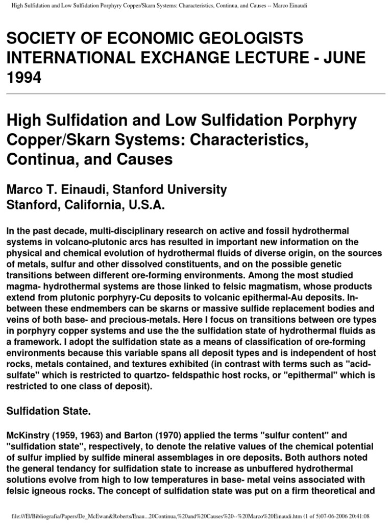 Einaudi, 1994. HS and LS Sulfidation Porphyry Cu-Skarn Systems | PDF ...