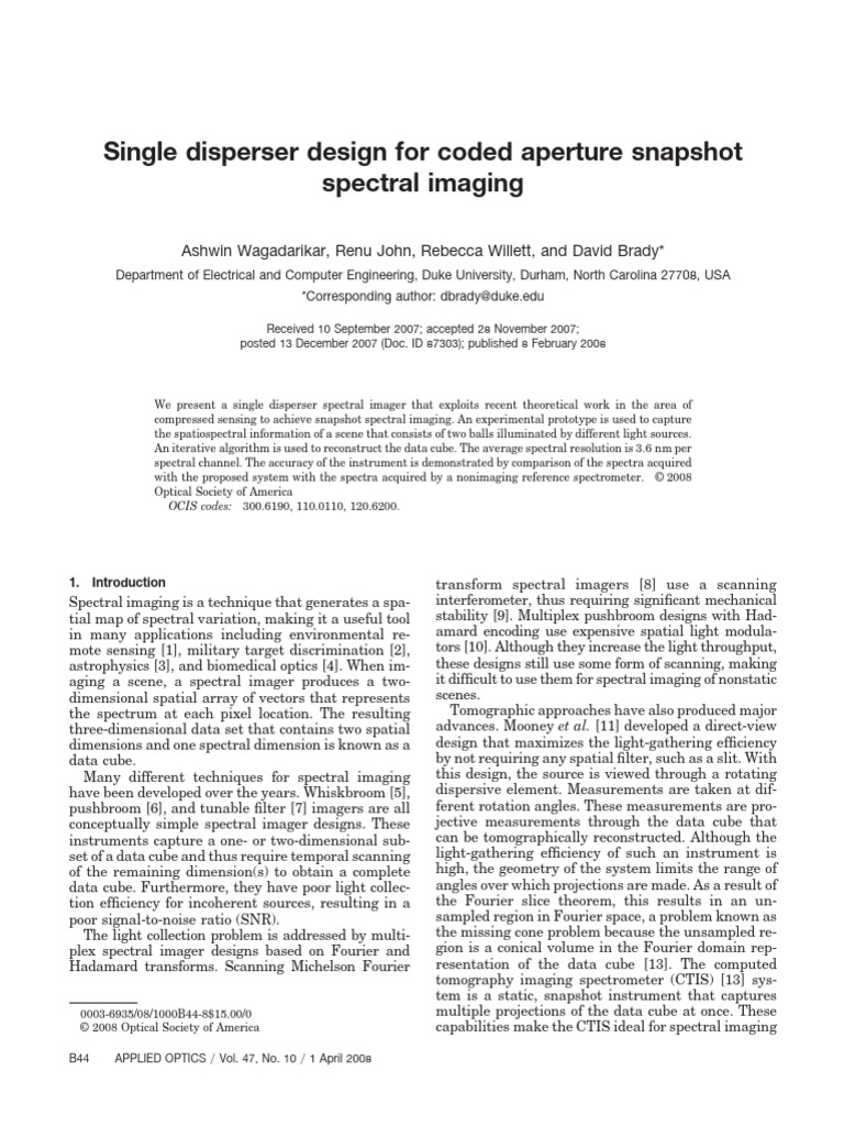 Single Disperser Design For Coded Aperture Snapshot Spectral Imaging | PDF