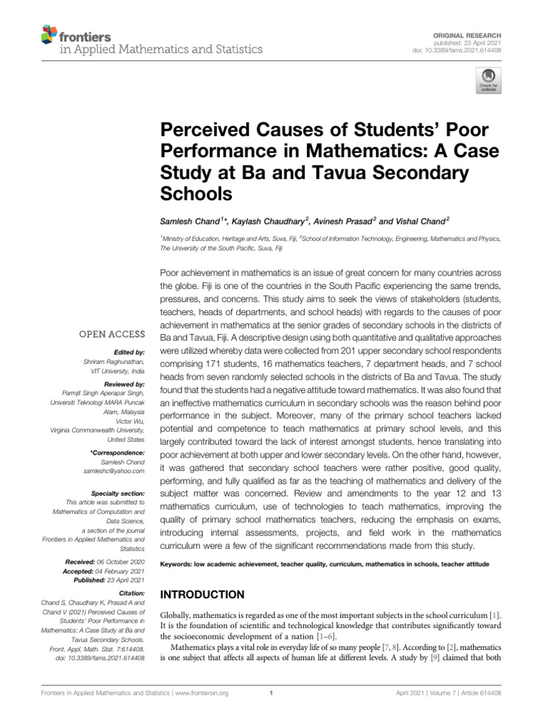 Perceived Causes of Students' Poor Performance in Mathematics | PDF